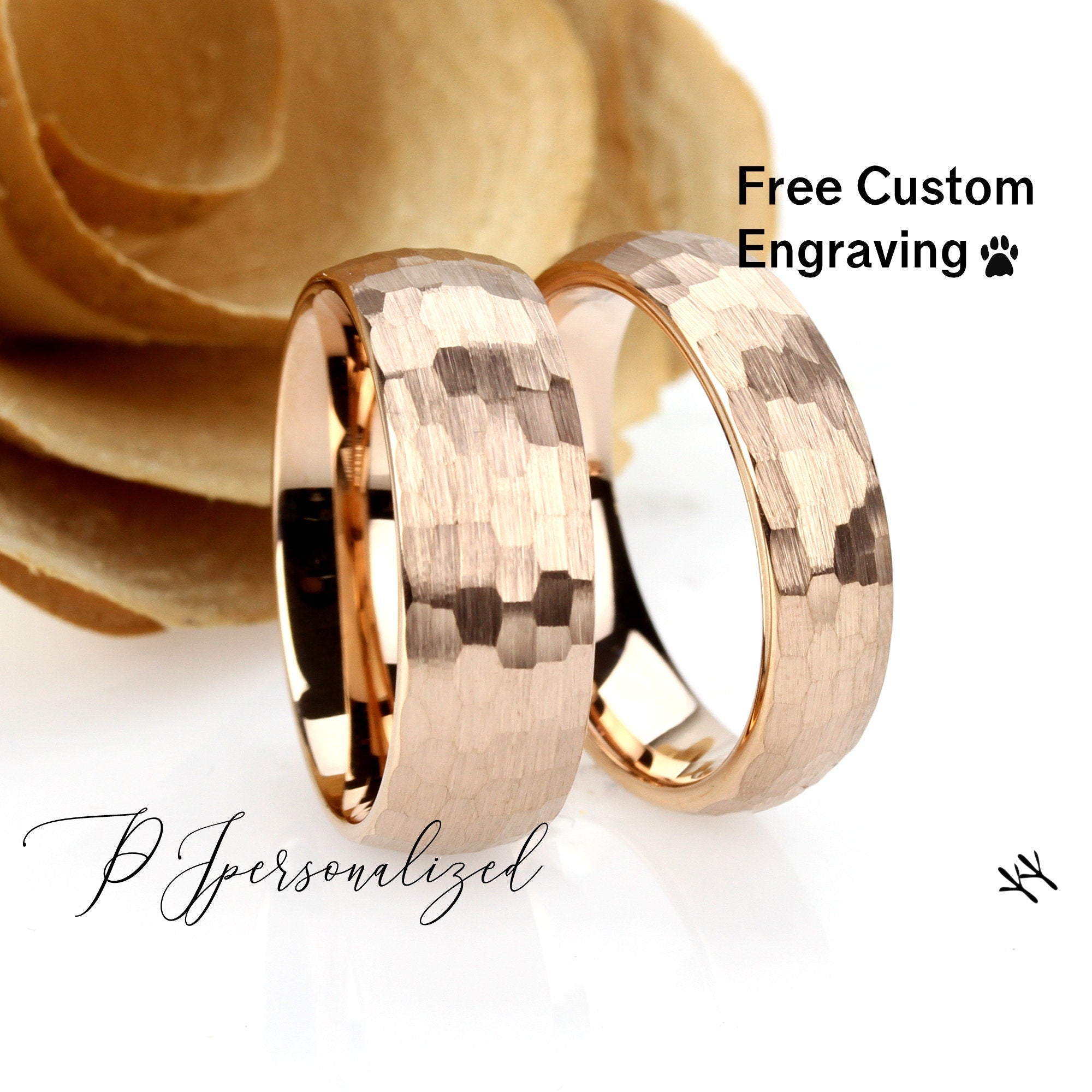 His And Hers Tungsten Wedding Band Set, 8mm 6mm, Hammered Center Rose ...