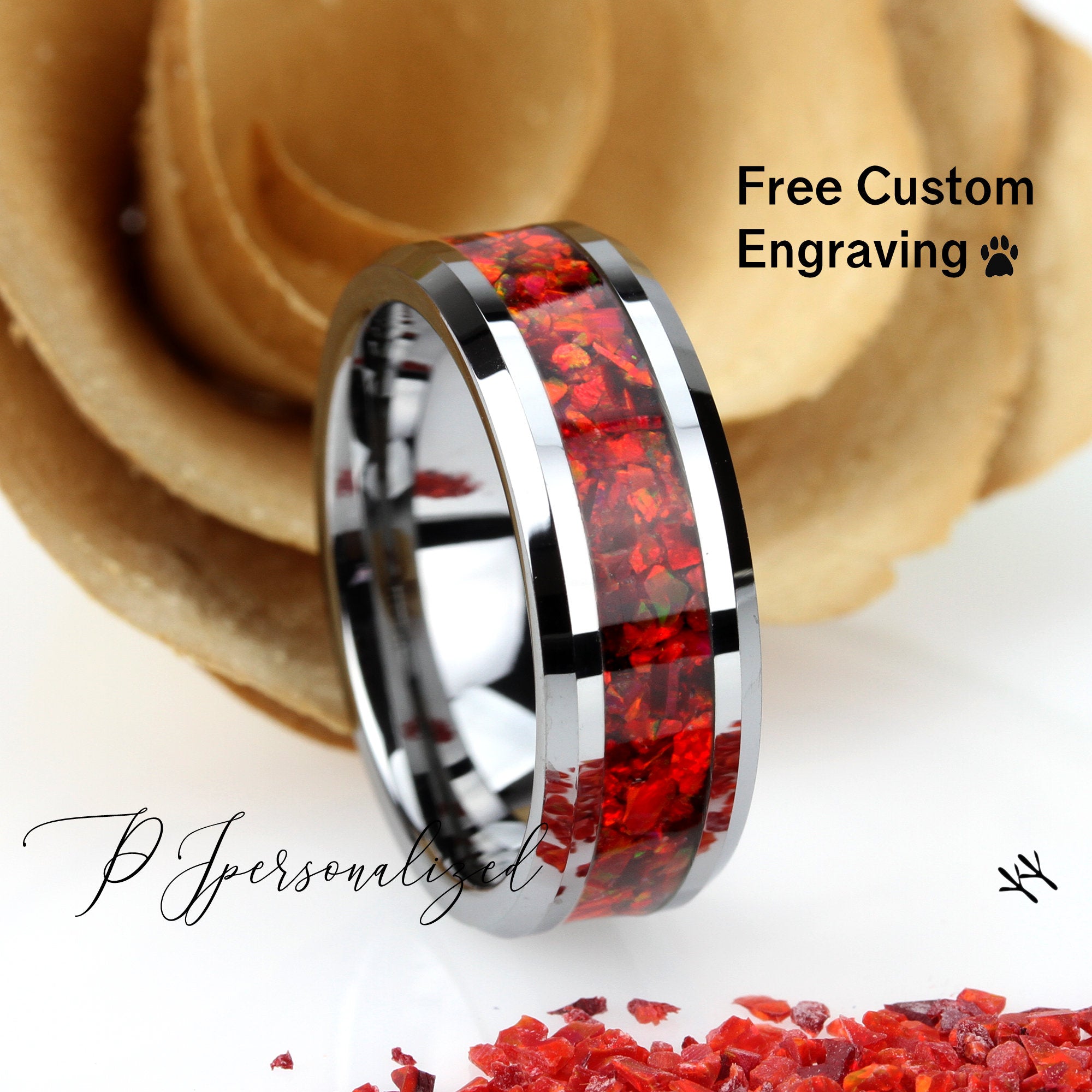 Crushed Ruby Red Fire Opal Inlay 8mm Tungsten Wedding Band Men & Women ...
